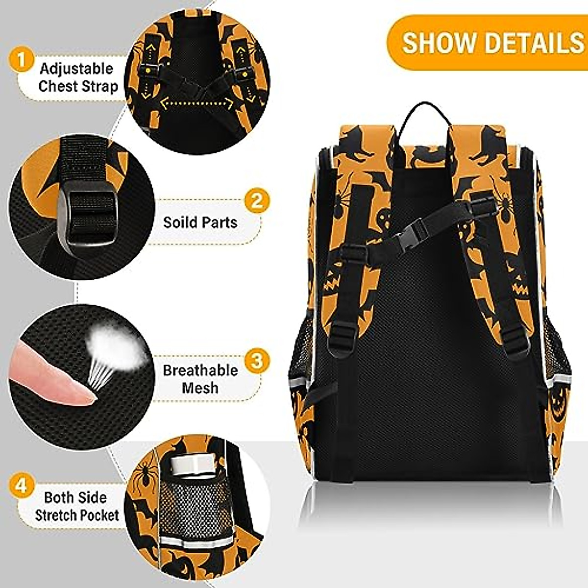 Sletend Large Capacity Printing Student Shoulder Bag for Children Teenagers Halloween Ghost Pumpkin Bat Laptop Bag School Bag for Work School, Men's and Women's Travel Backpack