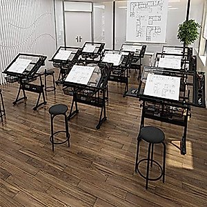 EESHHA Drawing Table Drafting Desk, Drafting Table with Storage, Height Adjustable Tiltable Art Desk, Glass Panel Drawing Desk, for Work Study Painting Craft Table