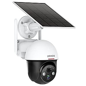 DEKCO 2K Solar Security Camera Wireless Outdoor, 360 Degree Rotating Pan Tilt Home Surveillance System with Spotlight and Sound Alarm, Night Vision, Motion Detection, 2 Way Audio, Requires 2.4GHz WiFi