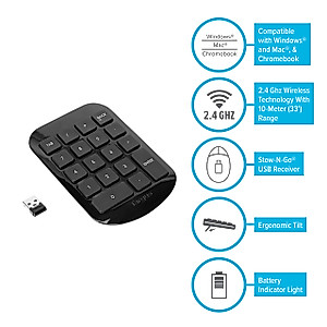 Targus Wireless Numeric Keypad, Black - Nano USB Receiver, Full-Size Keys for Increased Accuracy, Battery Life Indicator - Supports Windows, macOS, and Chromebook (AKP11US)