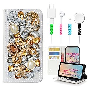 STENES Bling Wallet Phone Case Compatible with Google Pixel 7 Case - Stylish - 3D Handmade Mask Cross Design Leather Cover with Cable Protector [4 Pack] - Gold