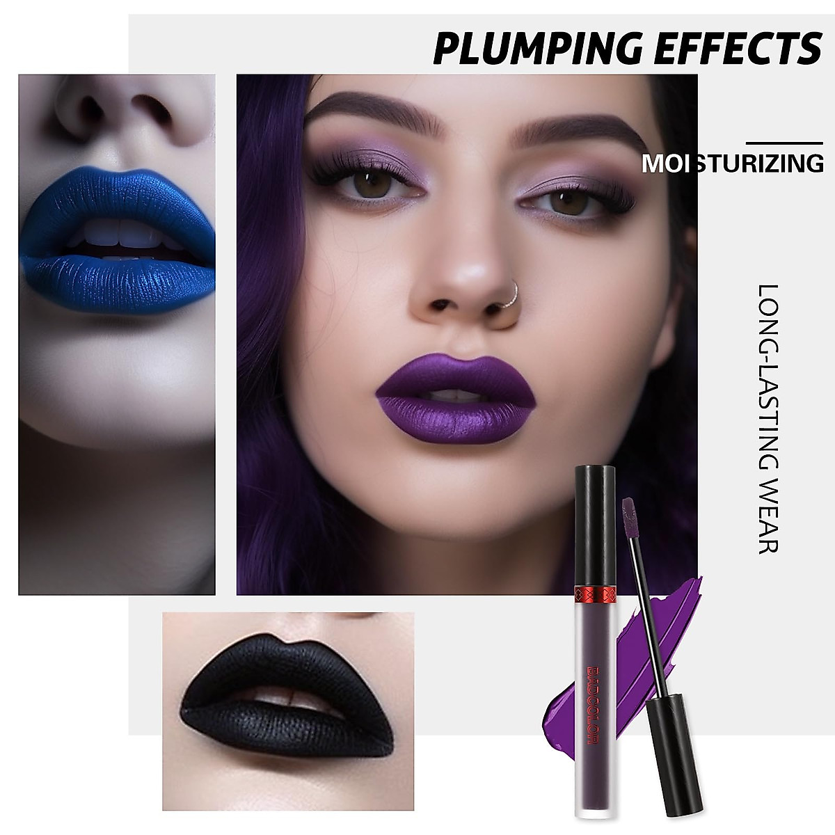 BADCOLOR 3 Colors Matte Liquid Lipstick Set, 24-Hour Smudge Proof Permanent Dark Lipstick Waterproof Velvet Nonstick Cup Stain Lip Gloss Set, Halloween Makeup Lip Gloss Gift - Purple, Black, Blue