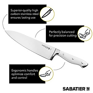 Sabatier 15-Piece Forged Triple Rivet Knife Block Set, High-Carbon Stainless Steel Kitchen Knives, Razor-Sharp Knife set with Acacia Wood Block, White Handles