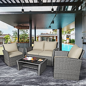 Tangkula 4 Pieces Patio Furniture Set, All Weather Outdoor Sectional Rattan Sofa Set with Cushions & Tempered Glass Table, Wicker Conversation Couch Set for Backyard Garden Poolside