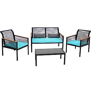 Sunnydaze Coachford 4-Piece Patio Conversation Furniture Set - 1 Loveseat, 2 Chairs and 1 Coffee Table - Thick Blue Cushions