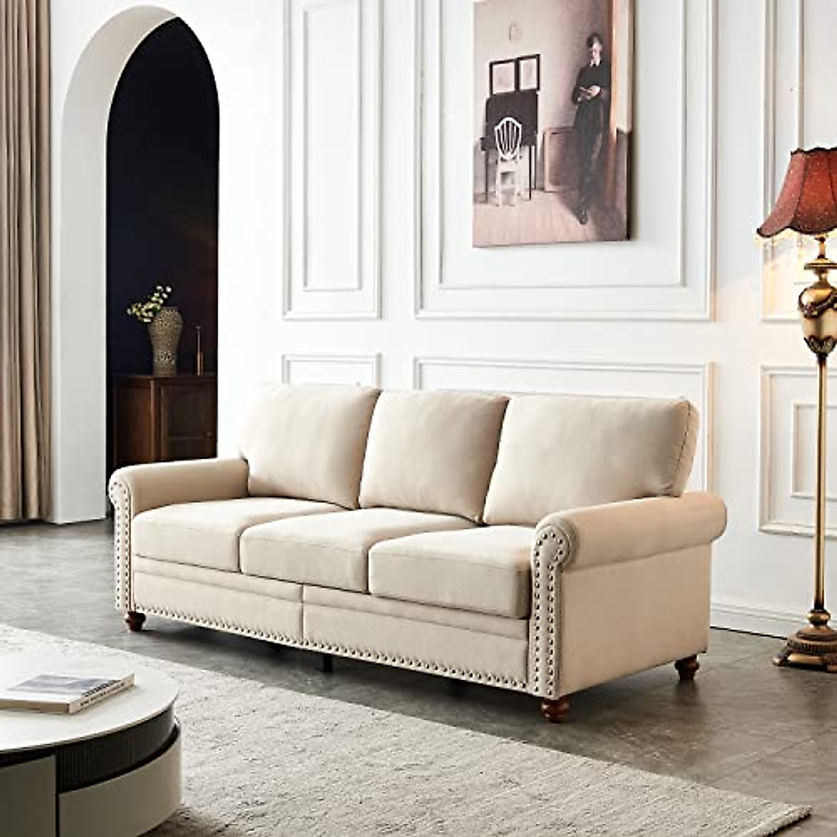 LUMISOL 82" Modern 3-Seater Sofa with Rolled Arms, Tufted Upholstered Couch with Wood Legs and Nailhead Trim for Living Room, Apartment