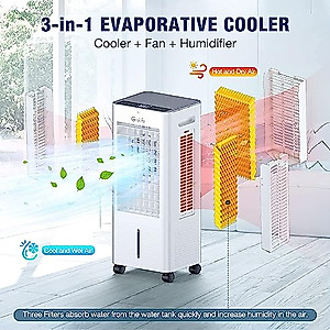 Grelife Evaporative Air Cooler, 3-IN-1 Portable Air Cooler with Fan &Humidifier, Oscillation Swamp Cooler with 3 Wind Speeds, 3 Modes, 4 Ice Packs, 12H Timer, Remote, for Bedroom Office Home Garage