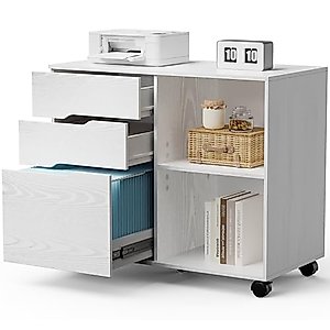 OLIXIS 3 Drawer Wood File Cabinet Small Mobile Lateral Filing Printer Stand Storage with Open Shelf Shelves for Home Office, White