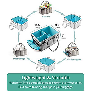 Premium Baby Diaper Caddy Organizer | Portable Nursery Storage Bin | Planner Caddy | Portable Craft Storage Organizer | Car Seat Tote with Zipper Pocket & 5mm Heavy Duty Felt (Grey/Turquoise)