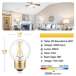 Dimmable A15 LED Bulb, 2W E26 Globe Light Bulbs, 25 Watt Incandescent Bulb Equivalent, 3000K Soft Warm White, Clear Glass, Small Round Filament Bulbs for Ceiling Fans, Bathroom Vanity, 6 Pack
