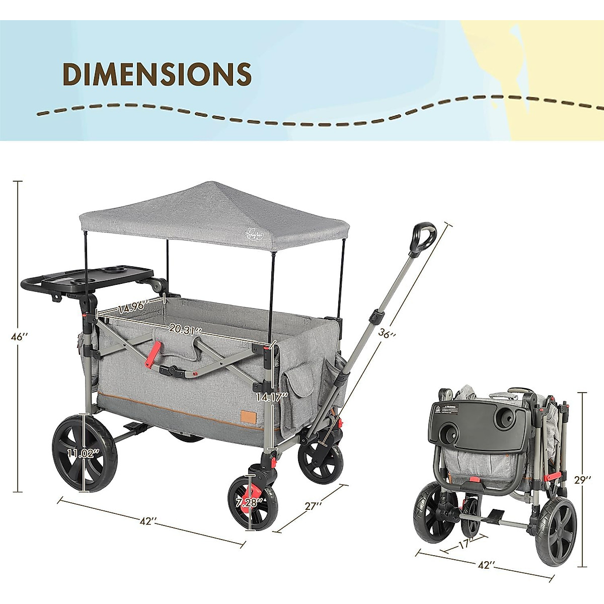 Busy Bee Foldable Wagon Stroller for 2 Kids, Push Pull Collapsible Kids Wagon with Adjustable Handle Bar, Removable Canopy, 5-Point Harness, Shock-Absorbing Wheels, Grey