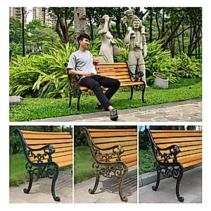 Outdoor Solid Wood Garden Park Bench for 2-3 People, Weatherproof Patio Lawn Bench Porch Seat with Cast Iron Frame, Porch/Deck/Patio Furniture Bench with Backrest and Armrests(Teak+Black Chair Legs,15