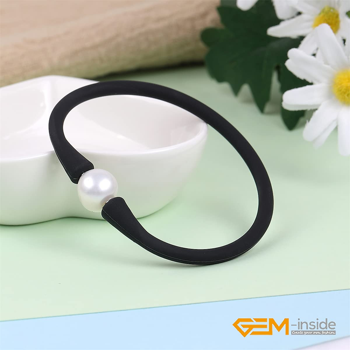 GEM-Inside Big 11mm Real Pearl Bridesmaid Black Mood Stackable Silicone Rubber Stretch Freshwater Cultured Pearl Jewelry Bracelets for women 7"