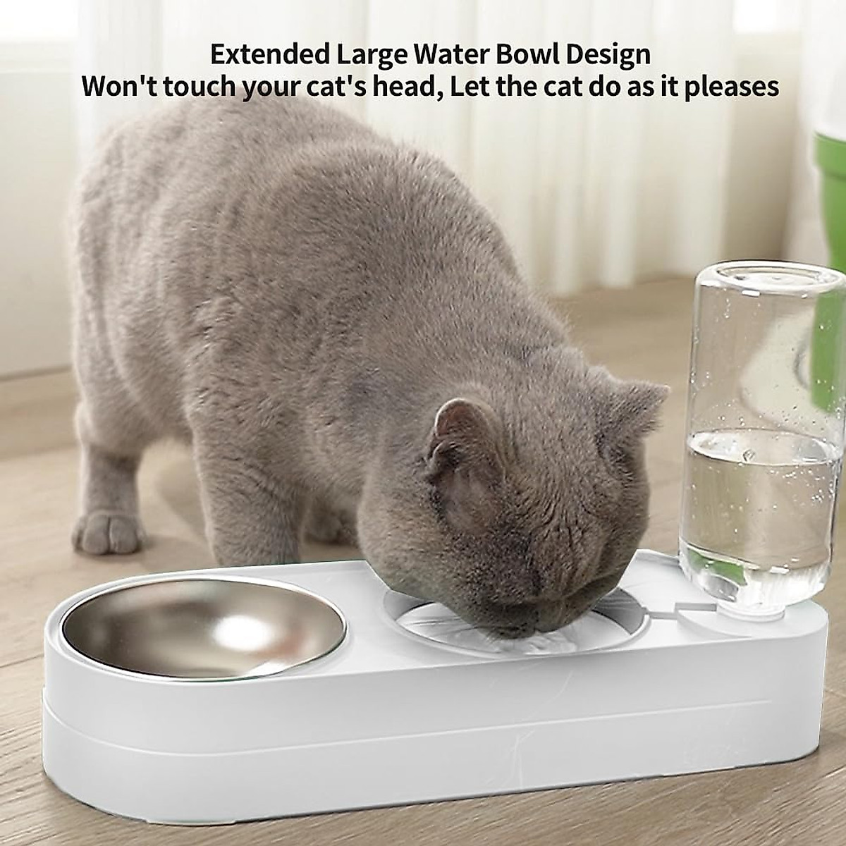 Marchul Stainless Steel Pet Feeder, 2-in-1 Food and Water Bowl Set with Automatic Water Dispenser for Cats and Small Dogs, 0.5L, White
