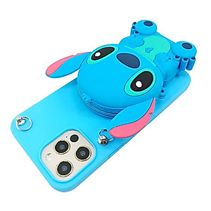 Maoerdo Case Compatible with iPhone 13 Pro Max Cute 3D Cartoon Purse Wallet with Lanyard Wrist Strap Silicone Cover Camera Lens Protector for iPhone 13 Pro Max 6.7-inch 2021 Alien Dog Blue