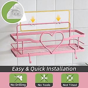 FLCITY Pink Shower Caddy with 4 Removable Hooks, 2 Pack Sweet Heart Shower Shelves,No Drilling Adhesive Organizer Shelf for Bathroom Shower,Kitchen,Bedroom