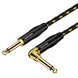 DREMAKE 1/4 Guitar Amp Straight to Right Angel Patch Cord, 3 Feet Quarter Inch Cable Black/Yellow Braided Tweed, Jack 6.35mm 1/4 Inch Guitar Cable for Electric Guitar, Bass, Keyboard to PA Certified