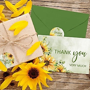 Whaline Sunflower Thank You Cards Bulk 30 Pack Watercolor Thank You Note Cards with Matching Seal Stickers Envelopes Spring Summer Floral Greeting Cards for Baby Shower Wedding Bridal Birthday Party