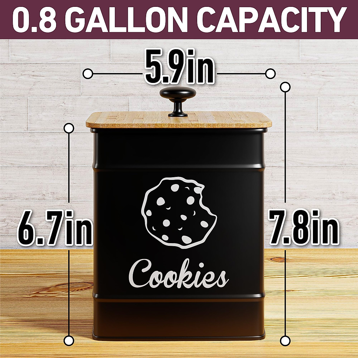 Cookie Jar with Airtight Bamboo Lid - 6"W x 6"D x 8"H Black Iron Cookie Tin - Large Cookie Jars with Lids Airtight - Farmhouse Cookie Jars for Kitchen Counter Decorative - Cute Cookie Jar Airtight Lid