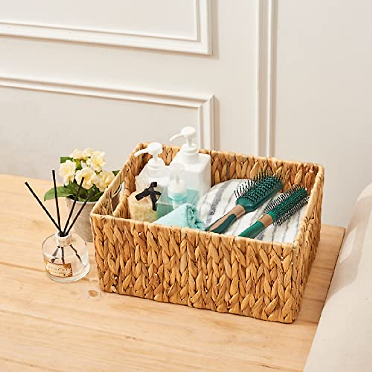 EZOWare Natural Water Hyacinth Baskets, Set of 3 Woven Wicker Rectangular Storage Organizer Bin Boxes with Handles for Closet Toys Clothes Kids Room Nursery - 2 Sizes