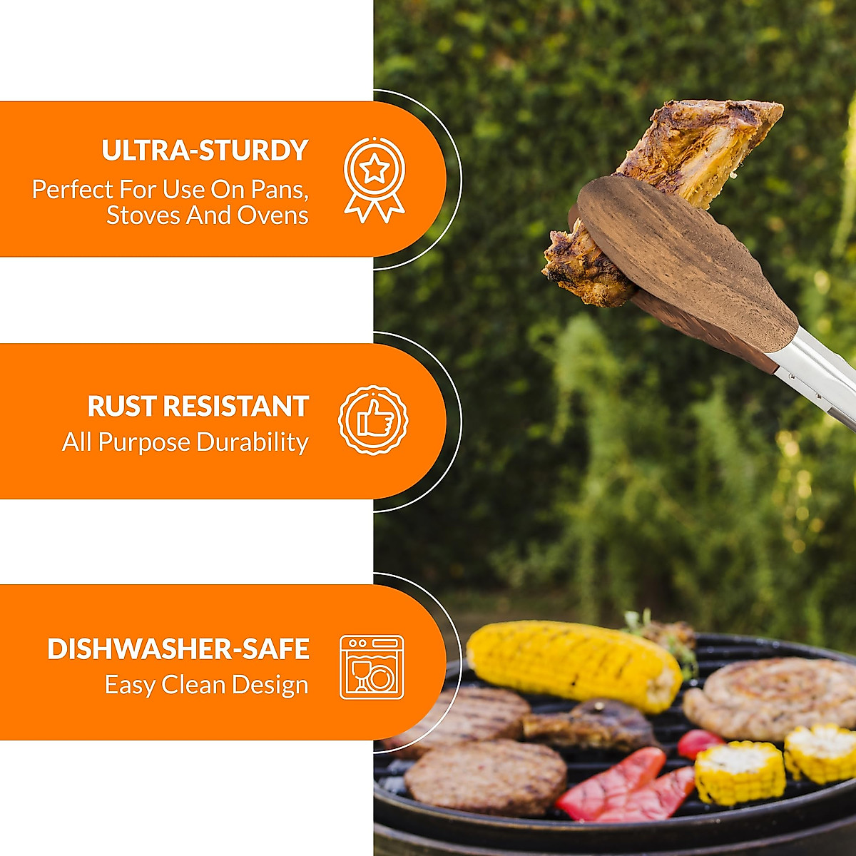 Boxiki Kitchen Tongs for Cooking with Wooden Tips - Nonstick Cooking Tongs & Salad Tongs for Serving Food, Grilling, Cooking, BBQ and Tossing Salad - Made of Natural Walnut Wood, Size 12-inch