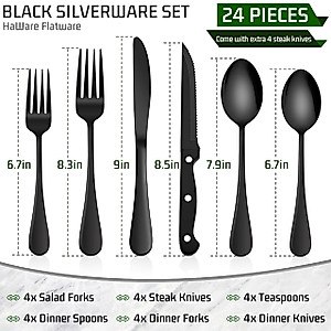 HaWare 24-Piece Black Silverware Set with Steak Knives, Stainless Steel Cutlery Set, Food Grade Flatware Set Service for 4, Mirror Finished Tableware for Home Restaurant, Include Knives, Forks, Spoons