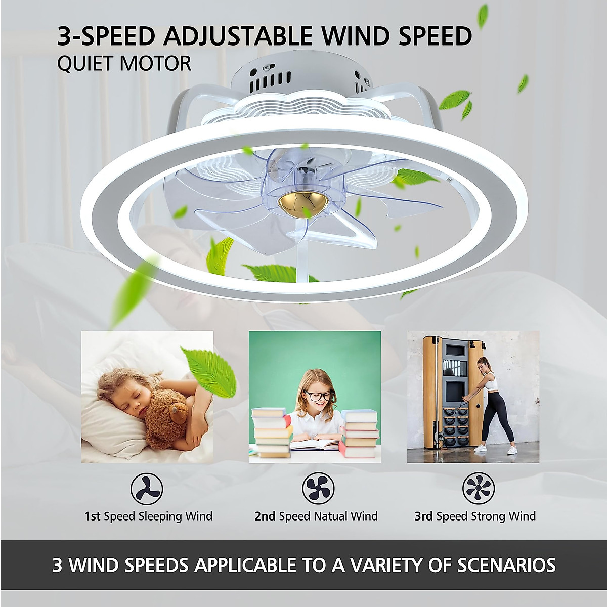 FOSOQIB Low Profile Ceiling Fan with Light and Remote 3-Color Dimmable,3-Speed Reversible Blade Bladeless Ceiling Fan with Light, Ceiling Fans with Lights for Bedroom Kitchen Home Office