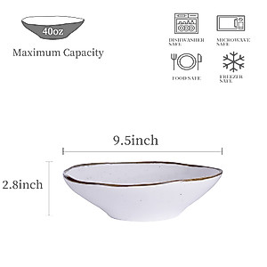 Uaral Pasta Bowls Large Salad Bowl Ceramic Soup Bowl,40 Ounce Wide and Shallow Serving Bowl,Set of 2, (Reactive White)