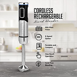 OVENTE Electric Cordless Immersion Hand Blender 200 Watt 8-Mixing Speed with Stainless Steel Blades, Heavy-Duty Portable & Rechargeable Perfect for Smoothies, Puree Baby Food & Soup, Black HR981B