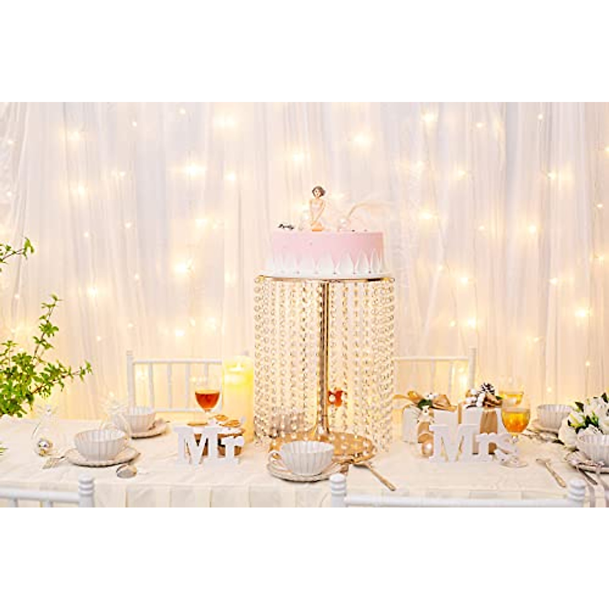 LANLONG Wedding Cake Stand for Dessert Table 12 Inch Gold Crystal Pendants Metal Cake Stand Serves as A Round Dessert Cupcake Display Plate 16 Inch Tall (Gold)