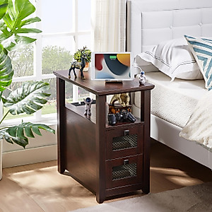 HDDDZSW Farmhouse XXL End Table with Charging Station, Narrow Side Table with USB Ports and Outlets, Nightstand with 2 Drawers Storage, Bedside Tables for Living Room, Bedroom, Rustic Cherry