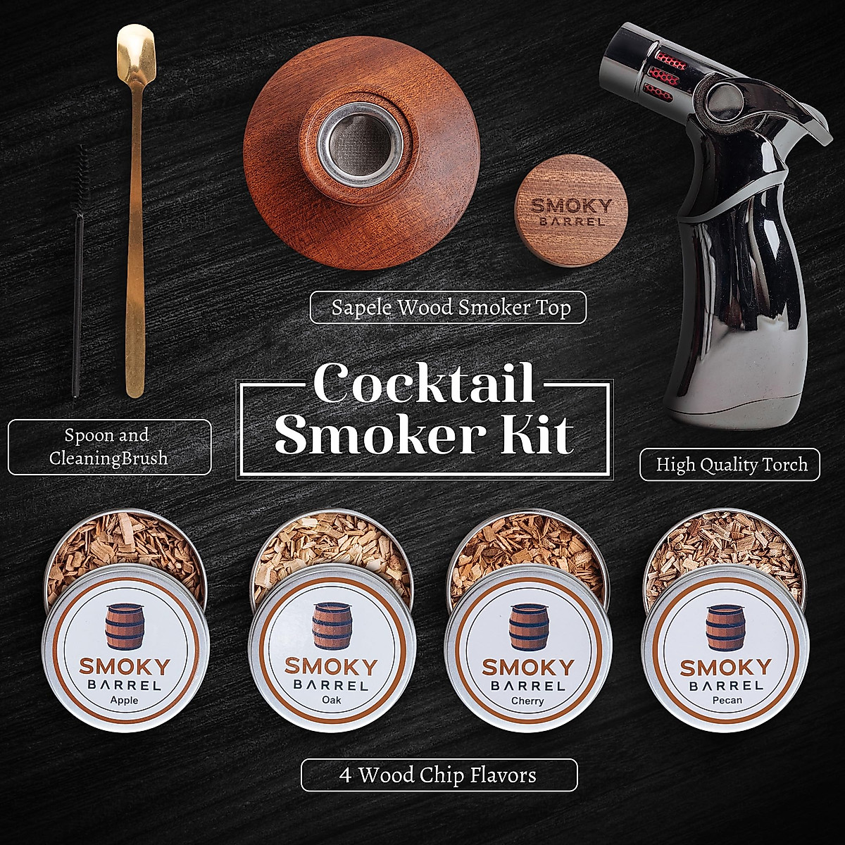 Smoky Barrel Cocktail Smoker Kit with Premium Torch - Old Fashioned Cocktail Kit - Whiskey Smoker Kit - Drink Smoker for Whiskey - Bourbon Smoker Kit - Cocktail Smoker Top (No Butane)