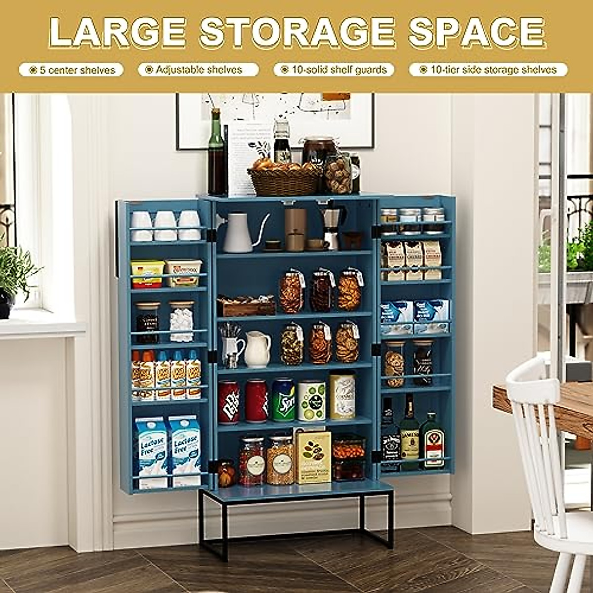 HOLTICO 46.5'' Accent Wood Grain Kitchen Pantry with Doors, Storage Cabinet with Adjustable Shelves, Food Pantry Cabinet for Kitchen, Dining Room, Living Room and Garage, Metal Legs,Blue