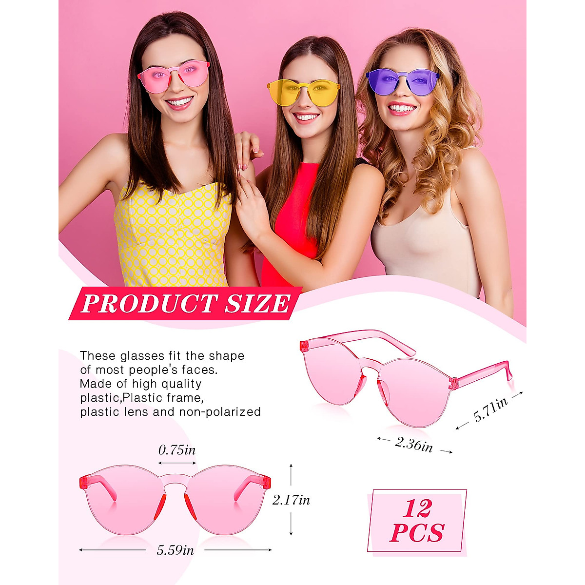 12 Pack Colored Glasses Round Rimless Sunglasses Transparent Candy Colored Sunglasses Tinted Eyewear Cool Sunglasses (Multi Color)