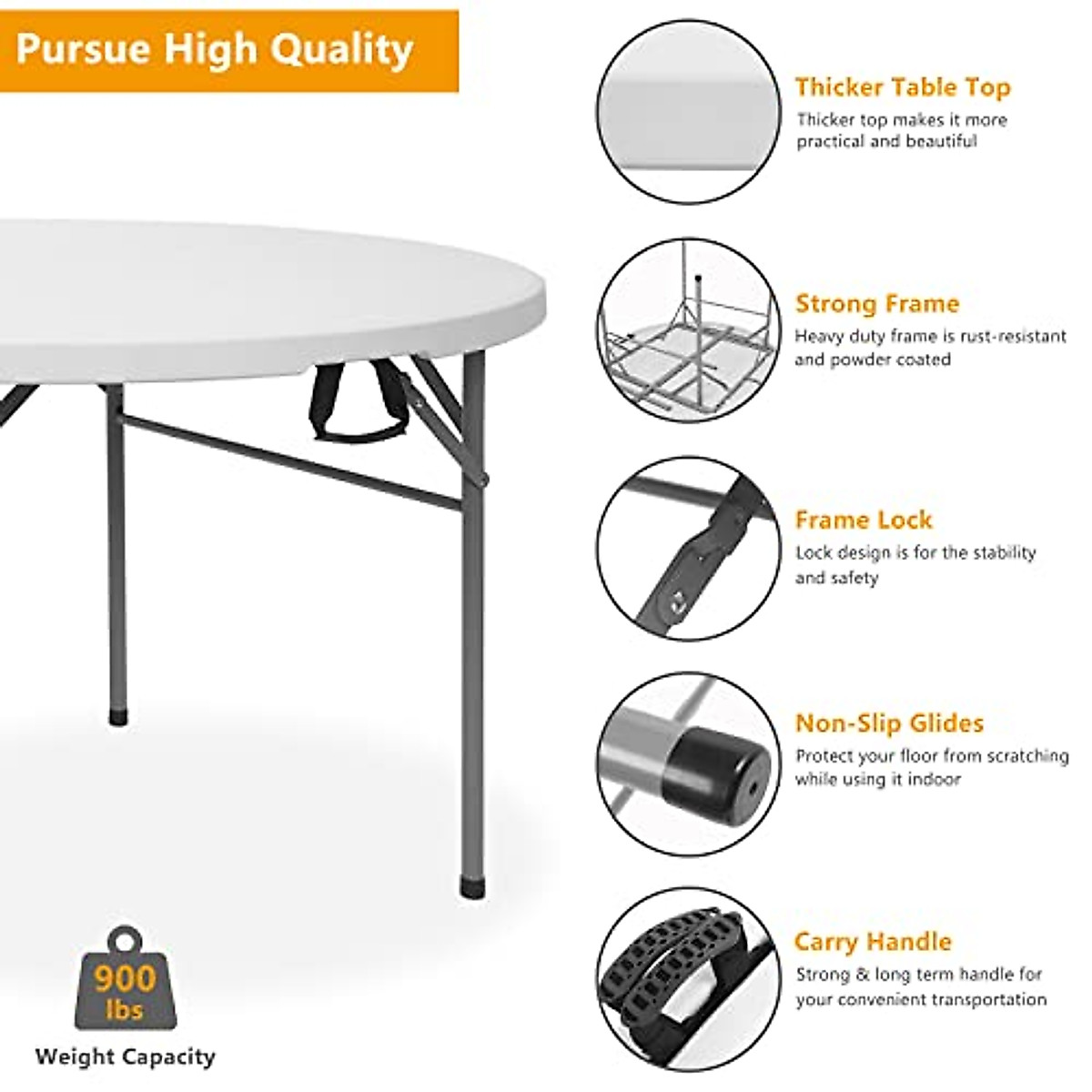 VINGLI 48" Round Bi-Folding Commercial Table, 4 Feet Portable Plastic Dining Card Table for Kitchen or Outdoor Party Wedding Event, 1-Pack