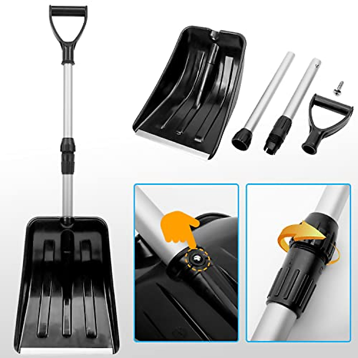 Collapsible Snow Shovel, Emergency Car Snow Shovel with Comfortable D-Grip Handle and Durable Aluminum Edge Blade, Portable Snow Shovel for Driveway Trunk Garden Camping (Adjustable 28" to 36")