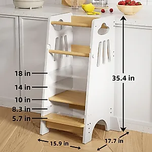 XJD Toddler Standing Tower Adjustable Height Thickened Toddler Wooden Kitchen Stool Helper - Ideal Kids Kitchen Step Stool for Learning New Skills Safety Feet (Nature)