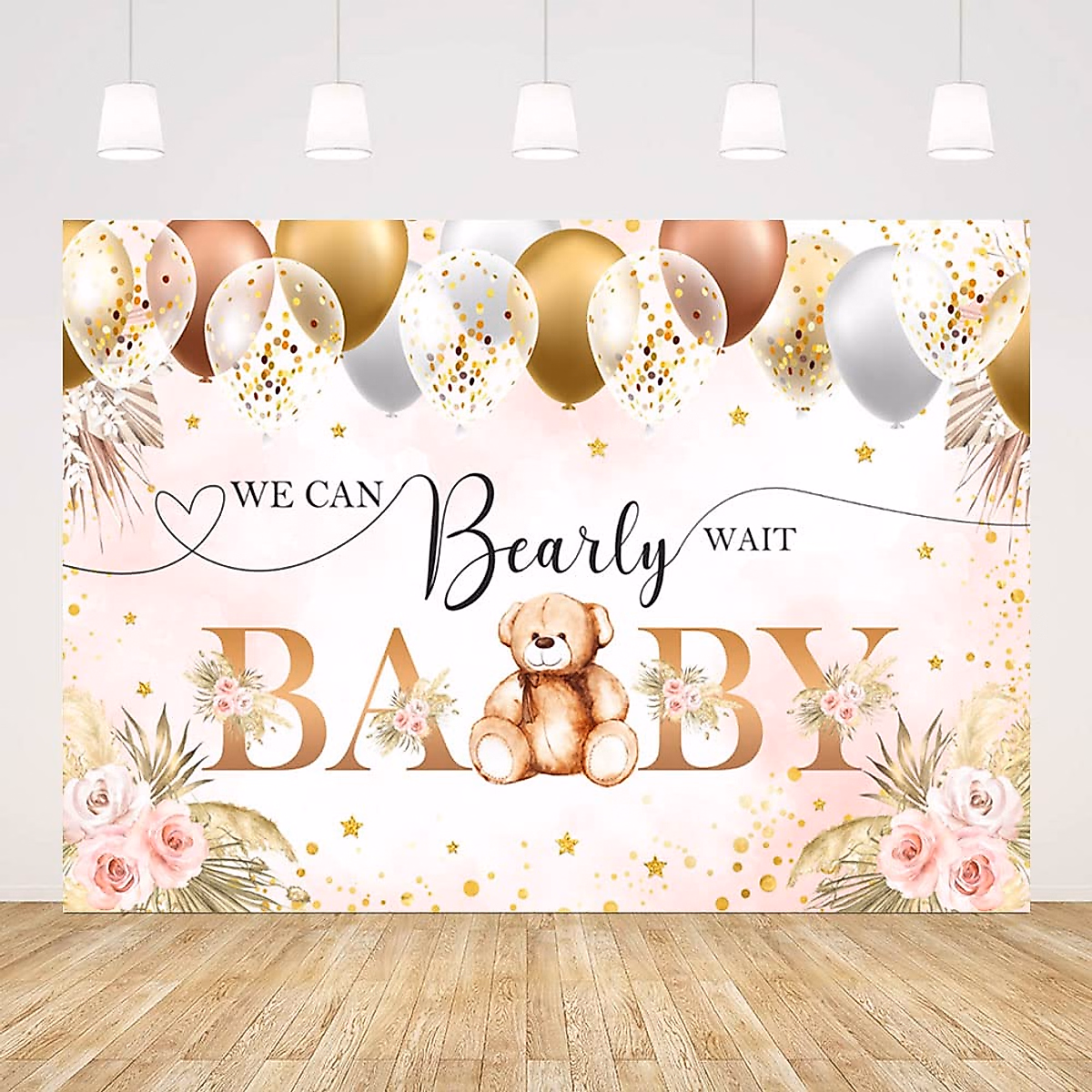 ABLIN 7x5ft Boho Bear Baby Shower Backdrop We can Bearly Wait Baby Shower Decorations Brown Balloons Flowers Bohemian Theme Photography Background Baby Shower Party Supplies