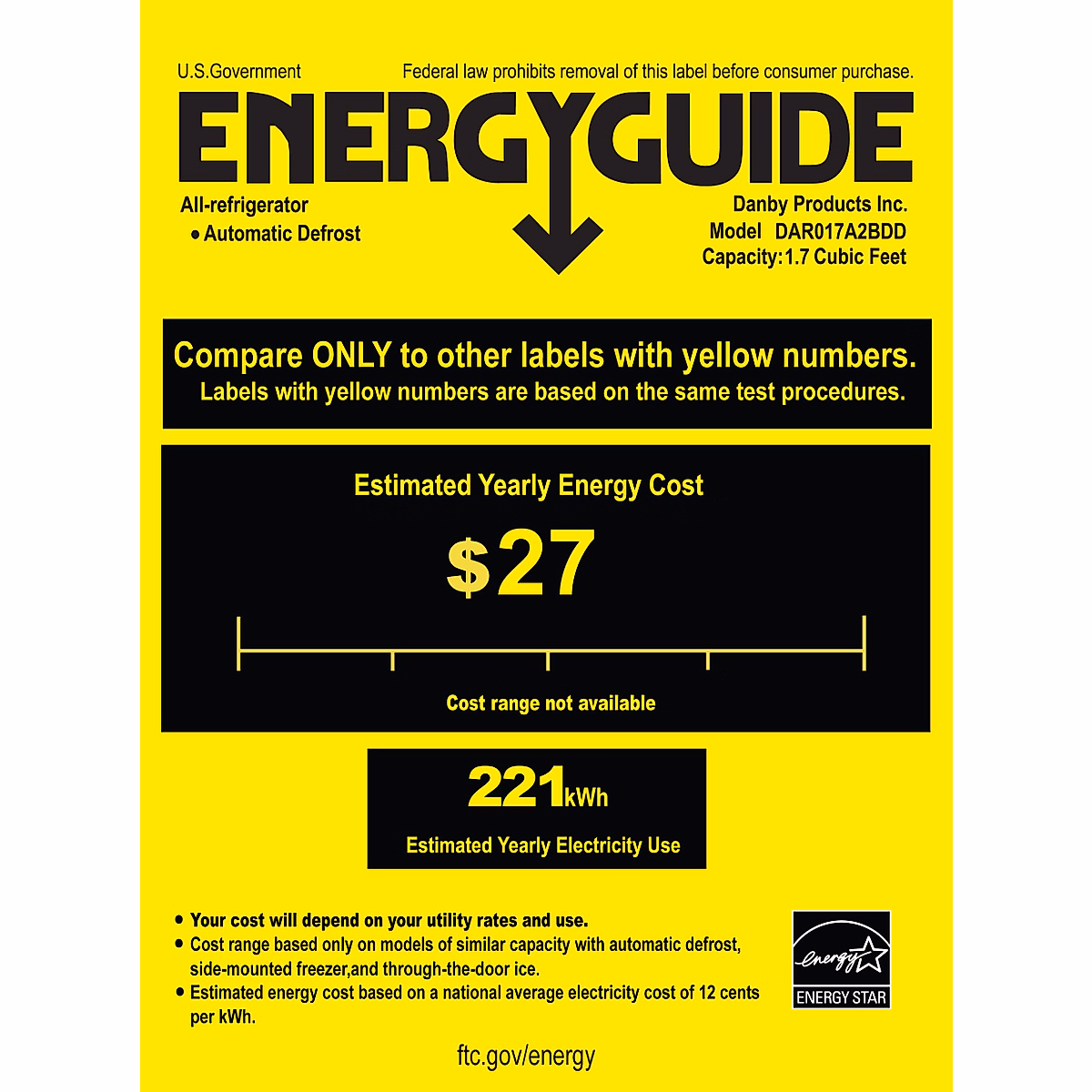 Danby DAR017A2BDD 1.7 Cu. Ft. Black Compact Refrigerator (Renewed)