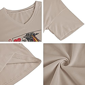 Womens Oversized Queen Of Hearts Graphic T Shirts Casual V Neck Half Sleeve Summer Loose Tees Tunic Tops Khaki