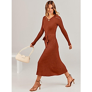 ANRABESS Women Long Sleeve V Neck A-line Tie Waist Slim Fit Ribbed Knit Bodycon Midi Sweater Dress 2025 Fall Trendy Outfits Rust Small