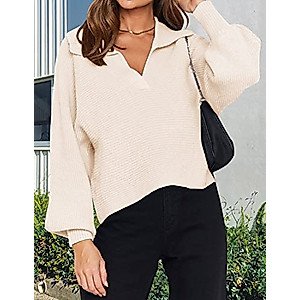 ZESICA Women's 2023 Fall Lapel Collar V Neck Long Sleeve Ribbed Knit Comfy Loose Casual Pullover Sweater Jumper Top,Beige,Medium