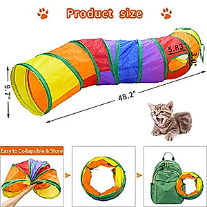 Malier Cat Toys Kitten Toys Set, Collapsible Cat Tunnels for Indoor Cats, Interactive Cat Feather Toy Fluffy Mouse Crinkle Balls Toys for Cat Puppy Kitty Kitten Rabbit (A-Rainbow)