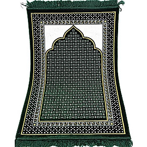 Modefa Turkish Islamic Prayer Rug - Thin & Lightweight Velvet Praying Carpet - Soft Muslim Praying Mat Janamaz - Ramadan or Eid Gift for Men & Women - with Car Hanger - Dancing Rose Vine (Green)