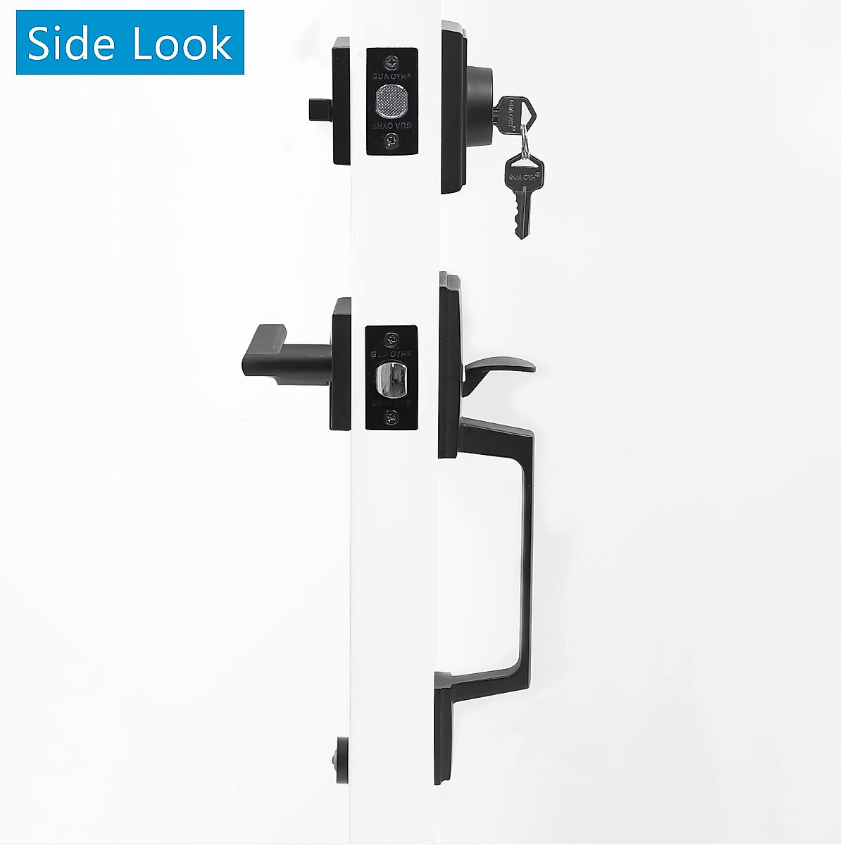 NeuType Double Door Handle Sets with Deadbolt Entry Door Locksets Single Cylinder HandleSet with Straight Handle Lower Half Grip, Black