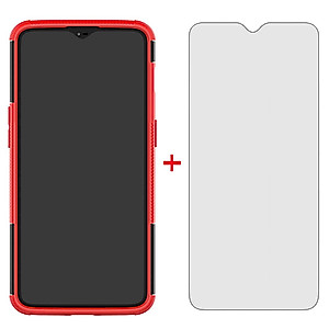 Phone Case for Oneplus 7 6T with Tempered Glass Screen Protector Cover and Stand Hard Rugged Hybrid Cell Accessories Oneplus6T A6013 Oneplus7 GM1900 One Plus6T 1+ Plus7 1 Plus 1plus Cases Black Red