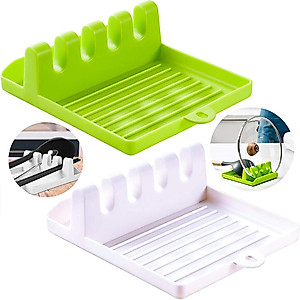 ENIVING 2PCS Kitchen Utensil Rest for Spoons Kitchen Utensil Holder for Countertop, Utensil Rest with Drip Pad for Multiple Utensils, Heat-Resistant, BPA-Free Spoon Rest & Spoon Holder for Stove Top