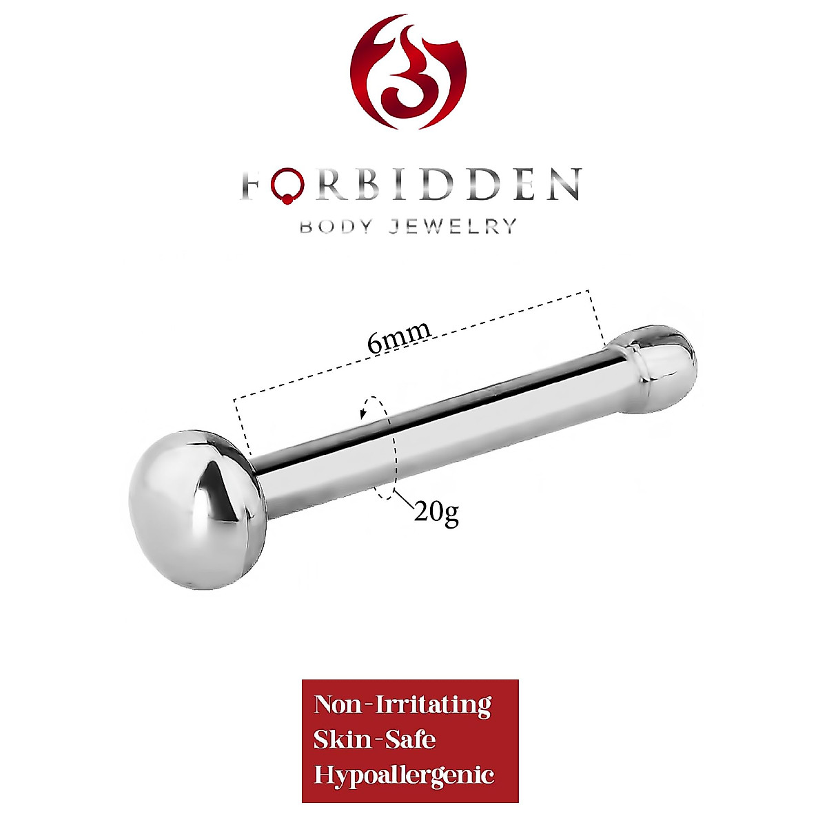 Forbidden Body Jewelry 20g Surgical Steel Basic Straight Nose Stud with Flat Steel Button End
