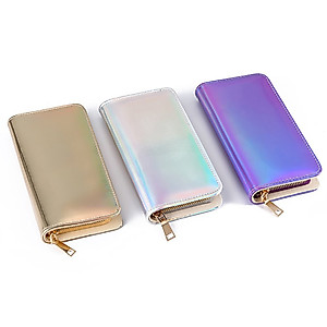 YAIRYANGTZE Hologram Slim PU Leather Wallet with Zipper Long Clutch Wallet Purse for Women (Silver)