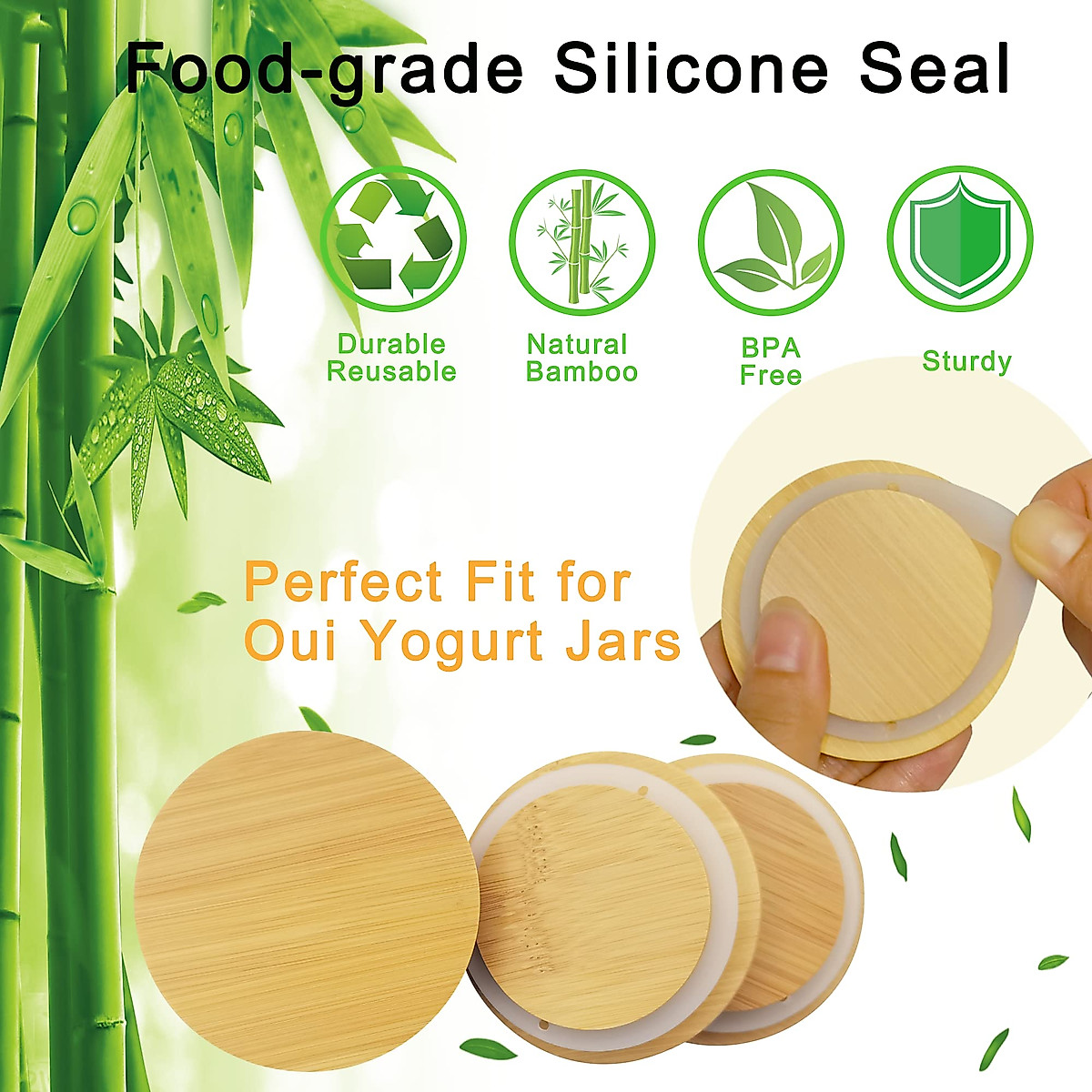 Oui Yogurt Jar Lids - 8 Pack Oui Yogurt Bamboo Jar Lids Set, Reusable Oui Lids Natural Bamboo Lids for Oui Yogurt Jars with Labels & Silicone Sealing Rings, Perfect Sealing